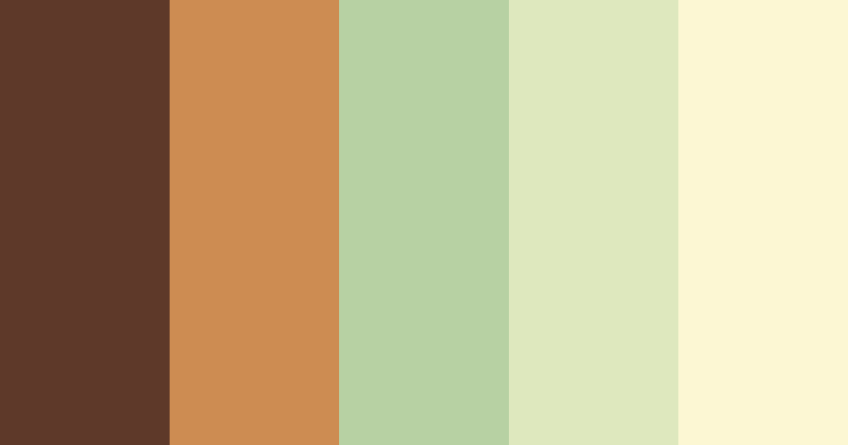 Color Palette: #5E3929, #CD8C52, #B7D1A3, #DEE8BE, #FCF7D3 – Colorway