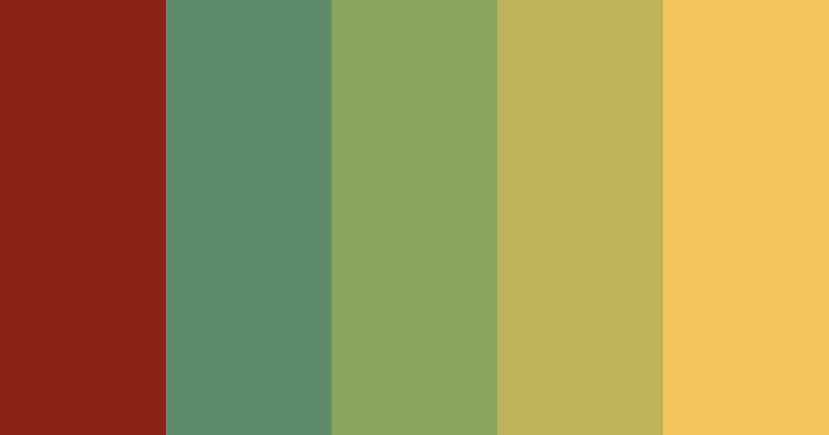Color Palette: #8C2318, #5E8C6A, #88A65E, #BFB35A, #F2C45A – Colorway